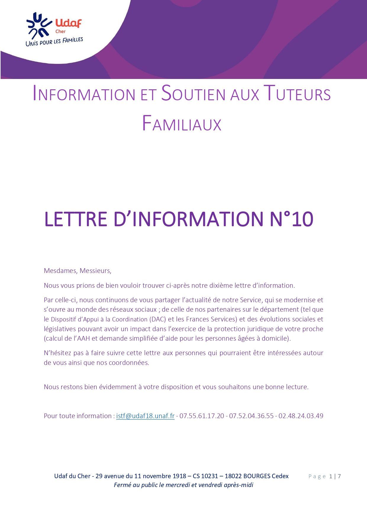 Lettre d'information ISTF n°10 - Udaf 18 Cher
